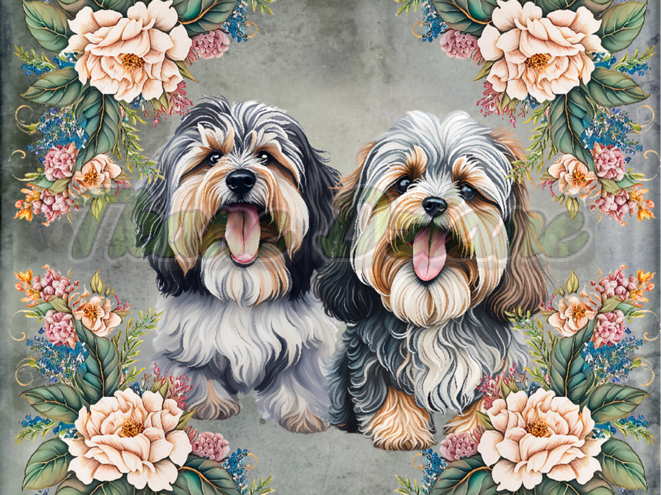 TkaneDziane.pl > PANEL DRUKOWANY DWA PIES HAWAŃCZYK W 4 KWIATACH TŁO PASTEL SZARY NR 16